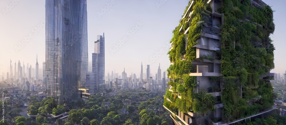 Environmentally friendly city of the future with vertical gardens and ...