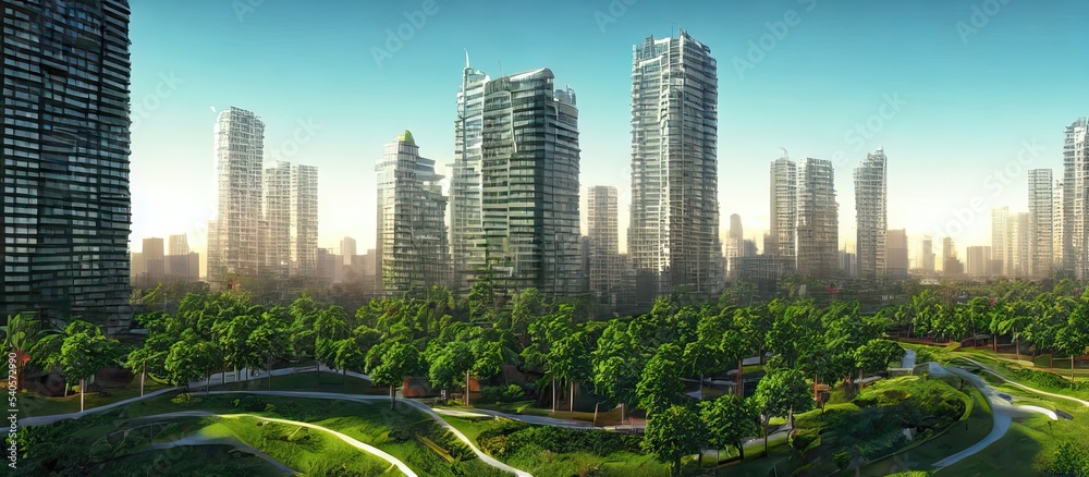 Environmentally friendly city of the future with vertical gardens and ...