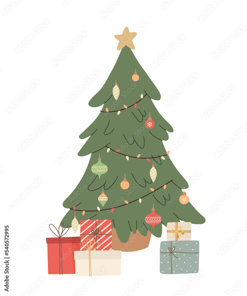 Christmas Tree With Presents And Lights Clip Art