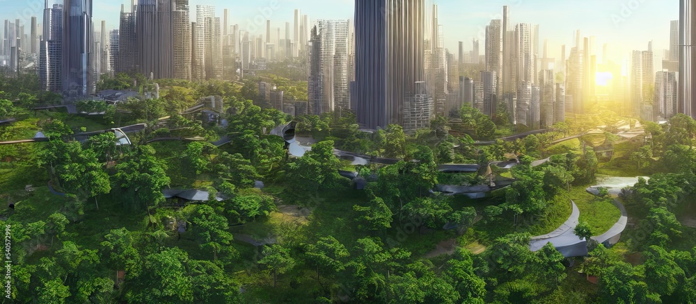 Environmentally friendly city of the future with vertical gardens and ...