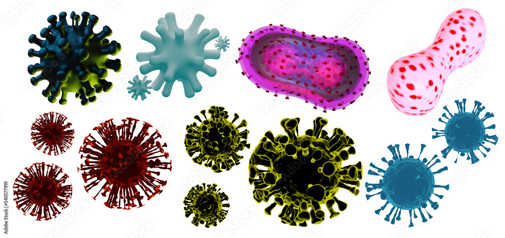 Overview of viruses and bacteria. Virus in different colors. Corona ...