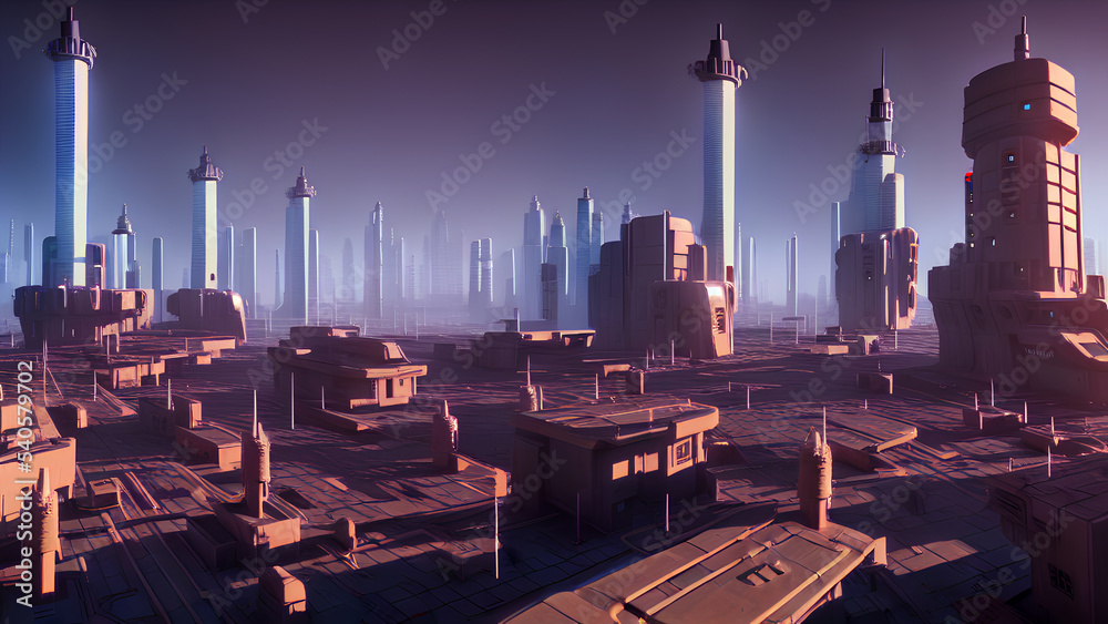 Fantasy cyberpunk city in mega structure lighthouse castle fortress. 3D ...