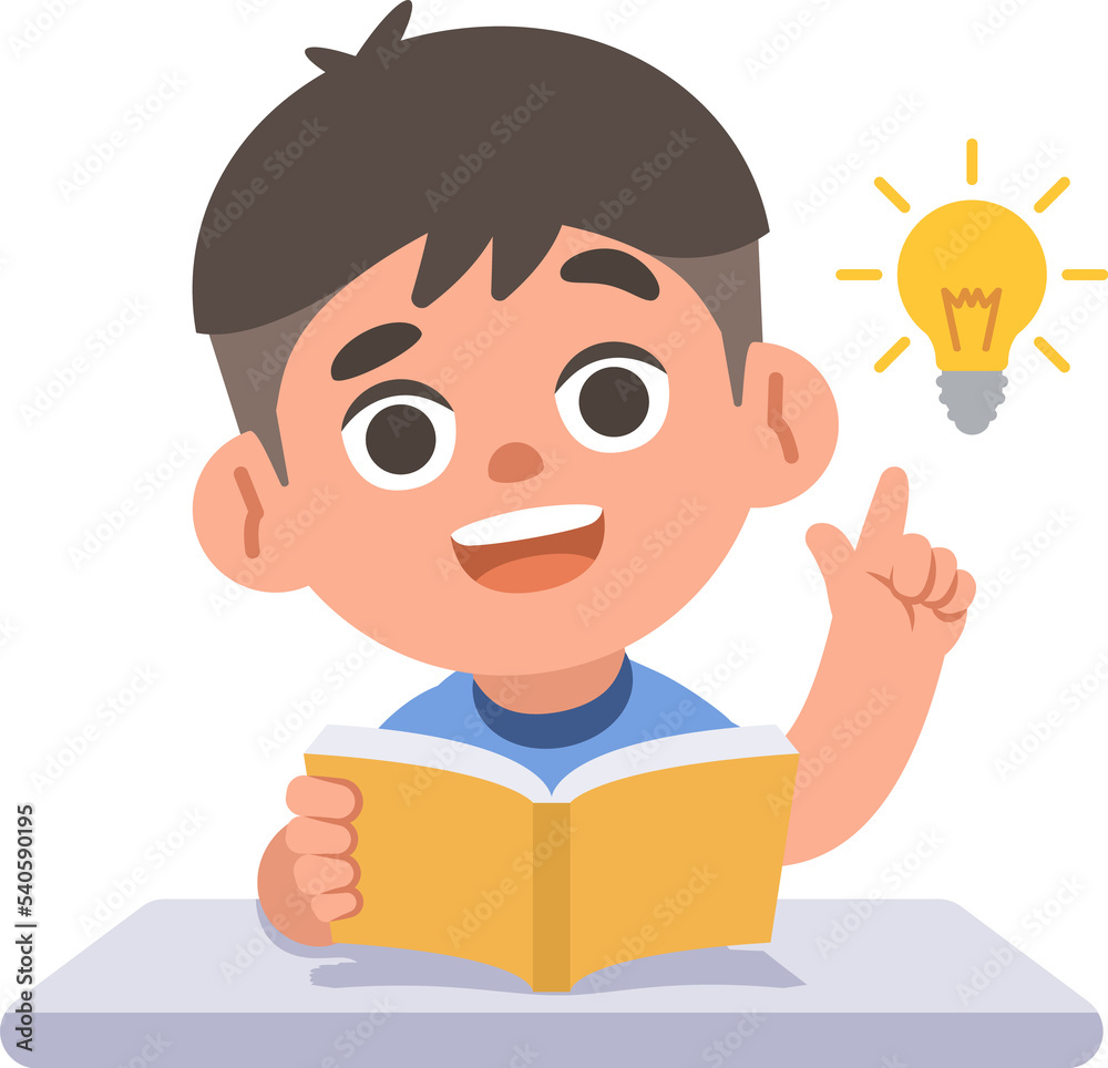A Asian boy get an idea on the desk with a book and a bulb ...