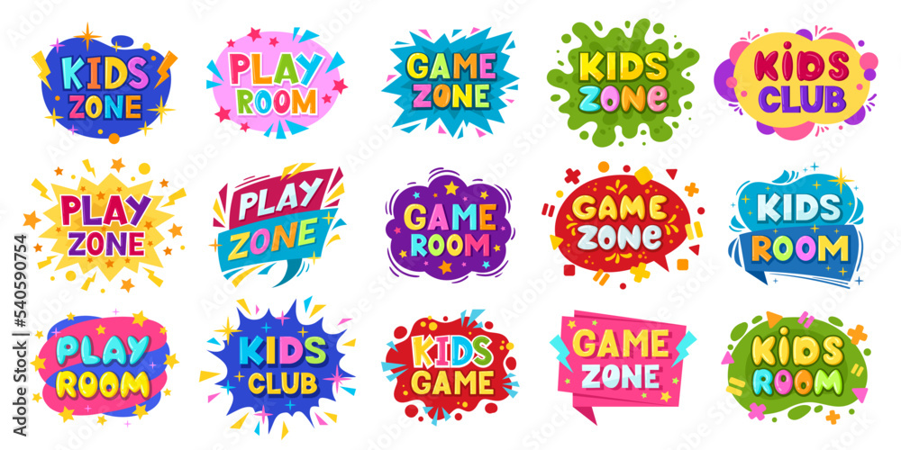 Cartoon kids play room badges, play zone labels. Entertainment children ...