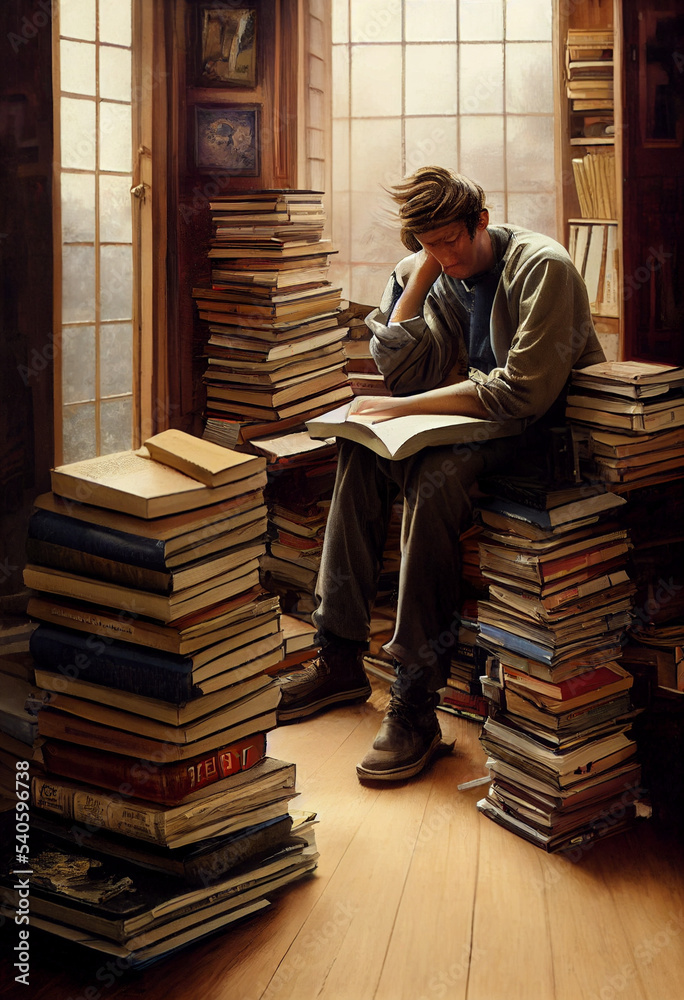 Tired Student studying with a huge pile of books. Stressed and ...