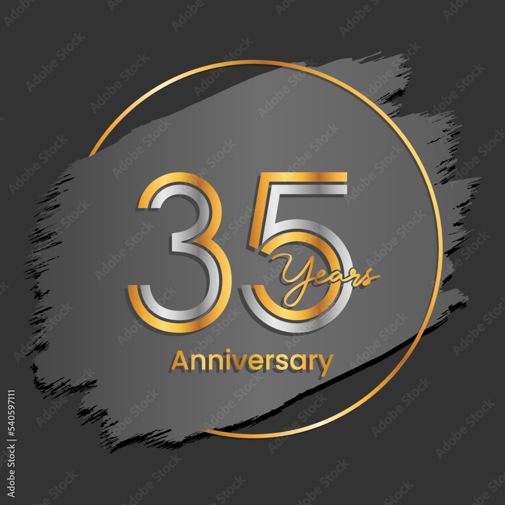 35th Anniversary. Anniversary logo design with gold and silver text isolated on abstract ...