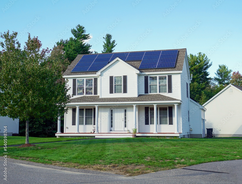 exterior view of house with solar panel installed on the roof Stock ...