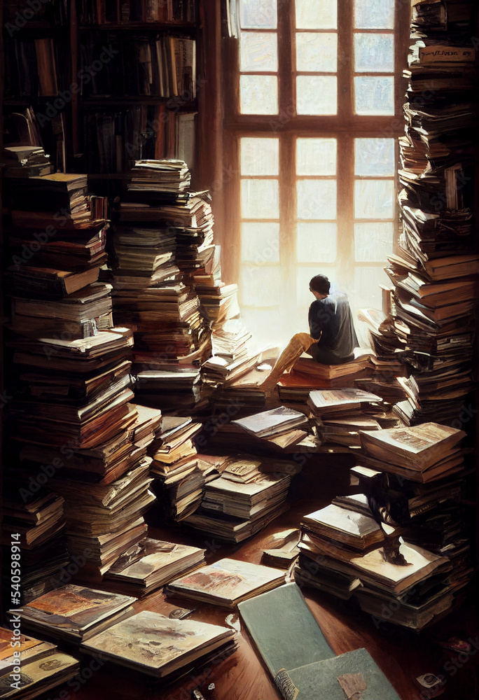 Stressed and depressed man. Tired man in a bookstore. Tired man with a ...