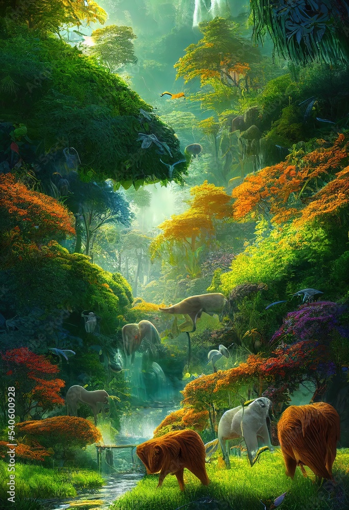 An utopian fantasy world where animals live in harmony, amazing park ...