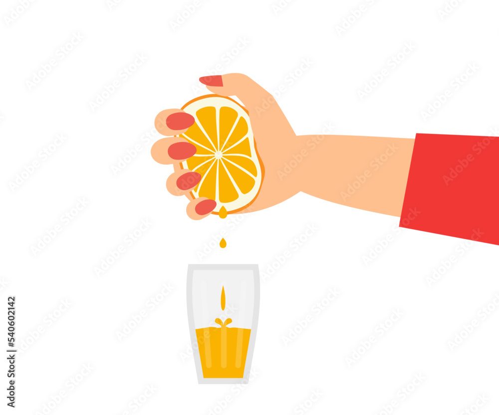 woman hand squeeze fresh orange juice into glass vector illustration ...