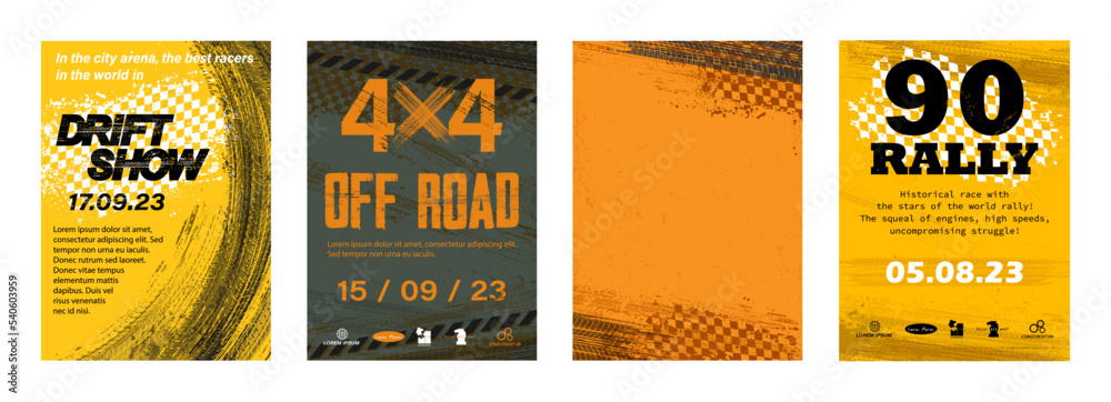 Motorsport posters template in grunge style. Tire tracks, flying spray ...