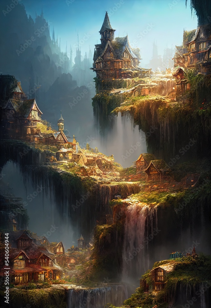 elfpunk fantasy town center built on a cascading waterfall, volumetric ...