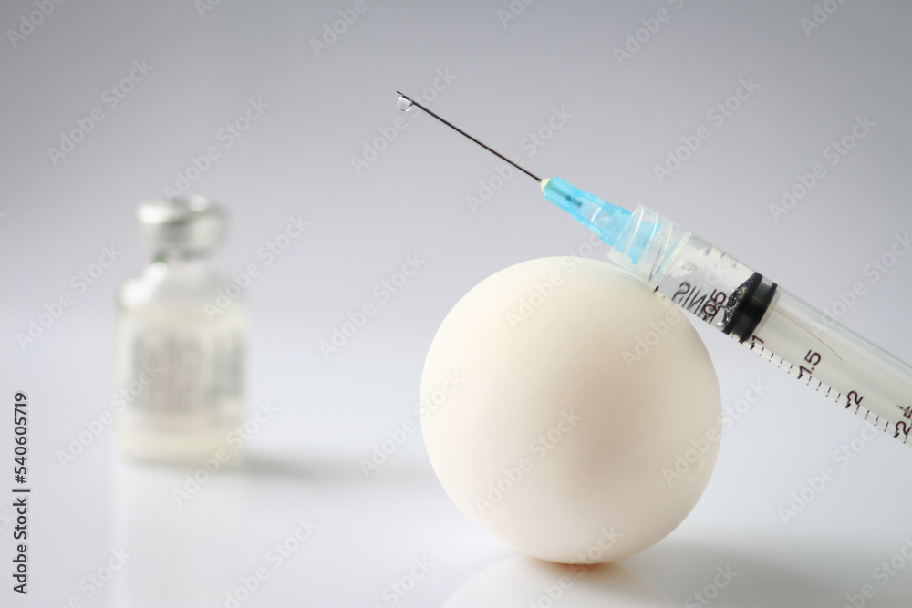 Concept of egg based manufacturing of a vaccine. Broken egg, medical ...