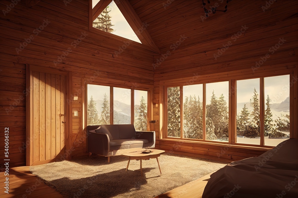 Home mockup, cozy log cabin interior background, 3d render Stock Illustration | Adobe Stock