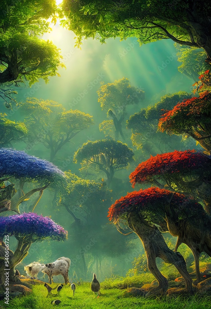 An utopian fantasy world where animals live in harmony, amazing park ...