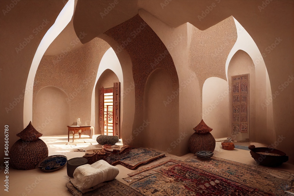Traditional and ancient Arab mud house interior in Saudi Arabia. Stock ...
