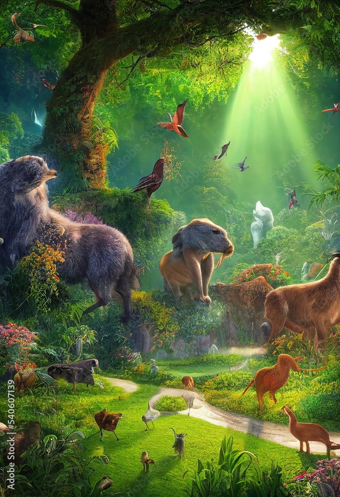 An utopian fantasy world where animals live in harmony, amazing park ...