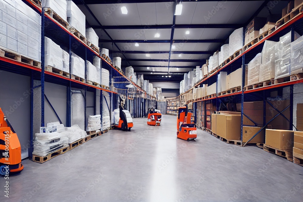 Interior of a modern warehouse storage of retail shop with pallet truck ...