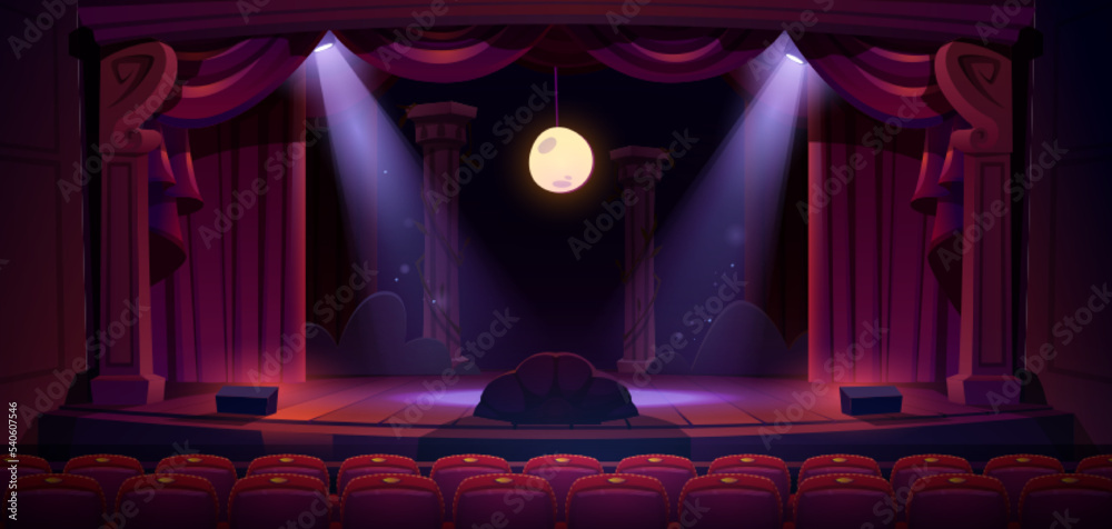 Theater stage with red curtains, spotlights and moon. Theatre interior ...