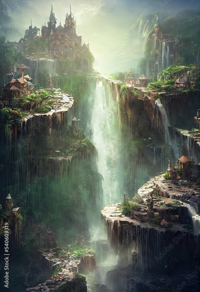 elfpunk fantasy town center built on a cascading waterfall, volumetric ...