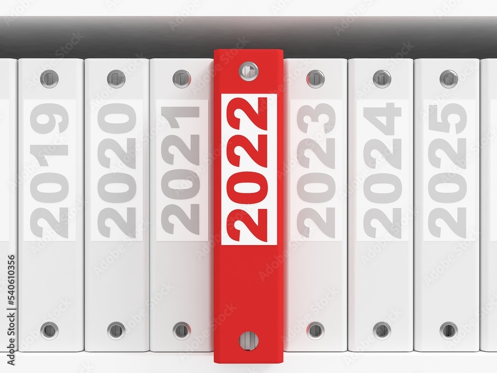 Office folders on the shelves. New Year 2023 concept. 3d rendering ...
