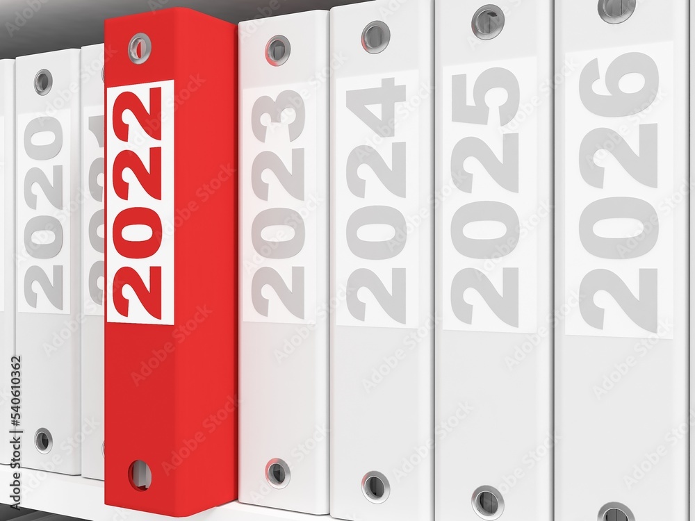 Office folders on the shelves. New Year 2023 concept. 3d rendering ...