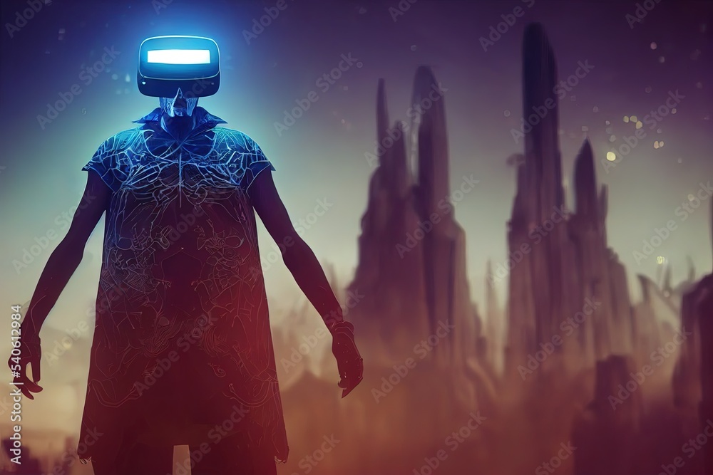 Fantasy concept showing a skull man wearing the futuristic virtual ...