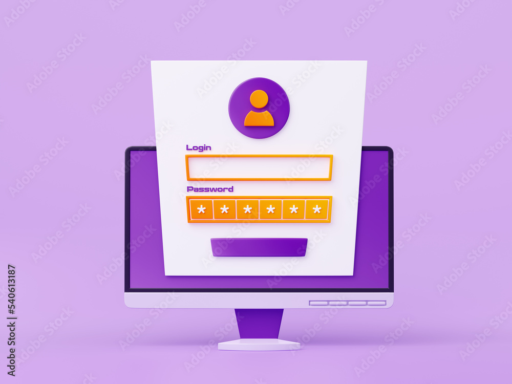 3D illustration of computer monitor with login and password screen ...