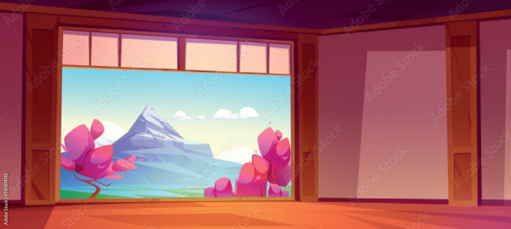 Traditional Japanese room interior, Fuji mountain and cherry blossom ...