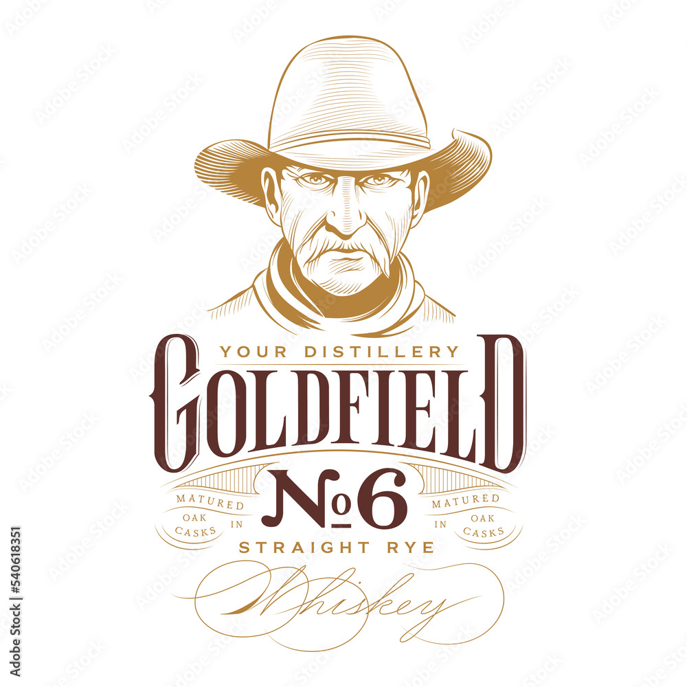 Vintage Whiskey Label Design. Wild West Theme. Hand Drawn Cowboy ...