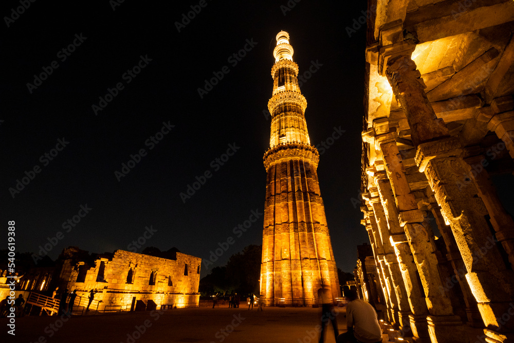 Qutub minar at night with lights Stock Photo | Adobe Stock