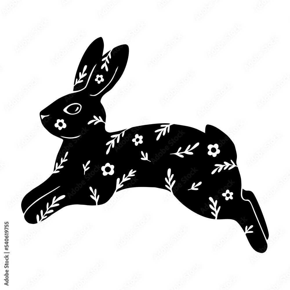 Floral silhouette of a jumping rabbit. Vector graphic illustration ...