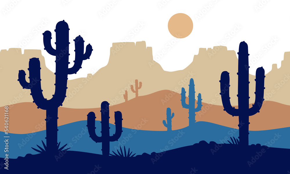 Wild West background. Prairie landscape with mountains and cacti ...
