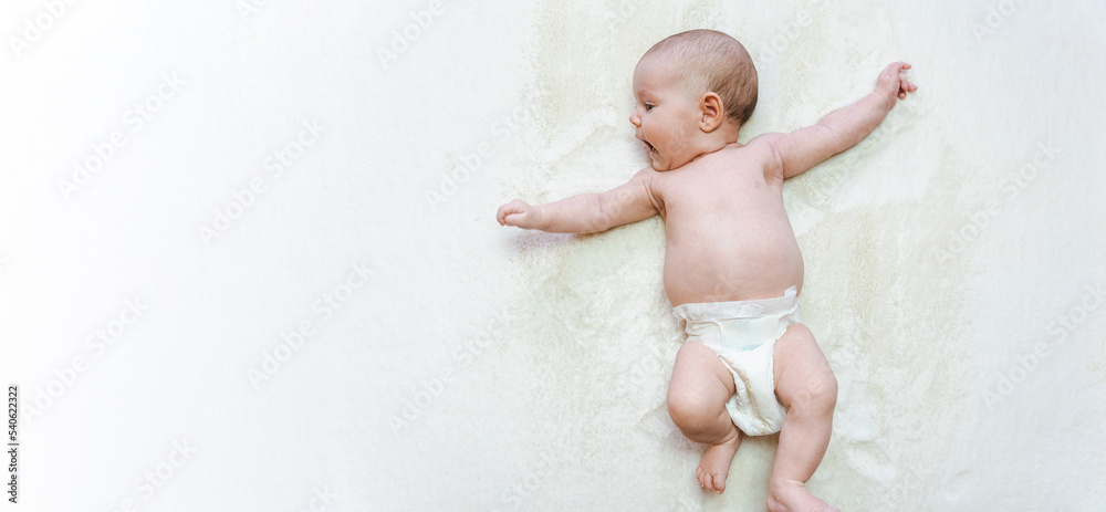 Diaper girl newborn baby banner. Child care white background. Happy ...