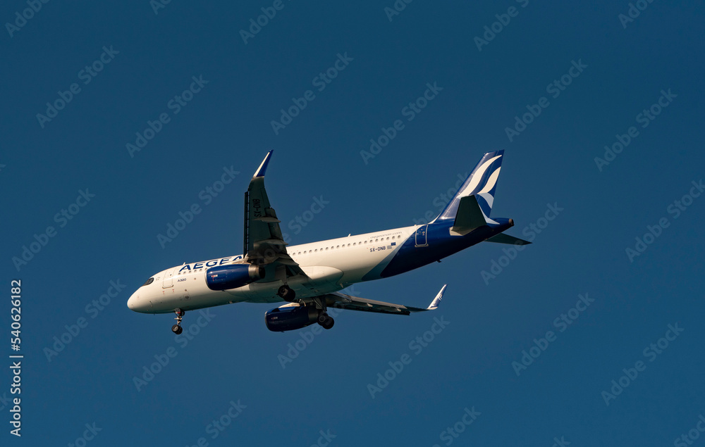 Crete, Greece. 2022. Twin jet A320 on final approach to Heraklion ...