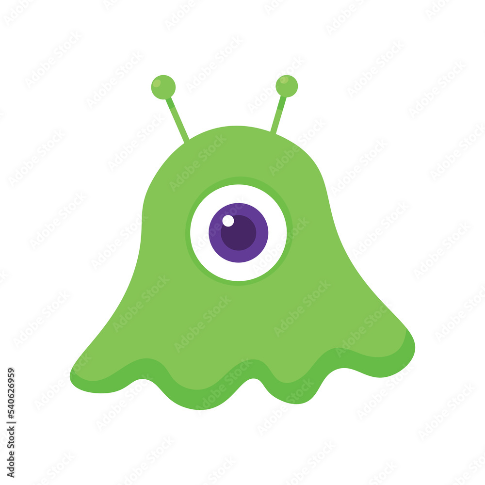 Green one-eyed alien in the form of a blob on a white background. Kids ...