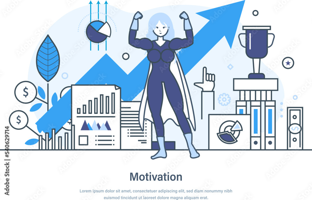 Motivation web banner with powerful business woman superhero. Strong successful women character ...