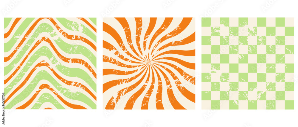 1970 Trippy Grid and Wavy Swirl Seamless Pattern Set in Orange and ...