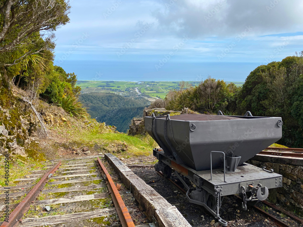 Denniston Plateau historic coal mine railway wagon at the top of the ...