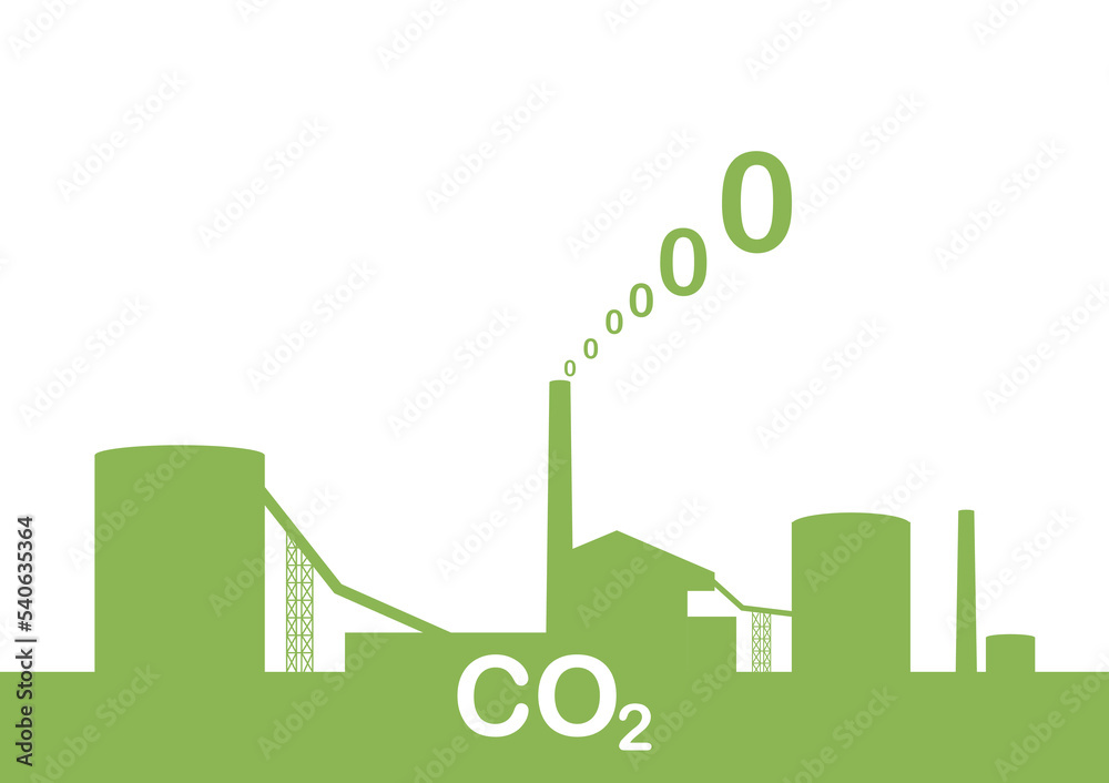 CO2 neutral. Net zero footprint. Green factory silhouette with zero carbon emission atmosphere ...