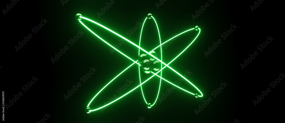Neon green glowing 3D model of an atom with nucleus, electrons, protons ...