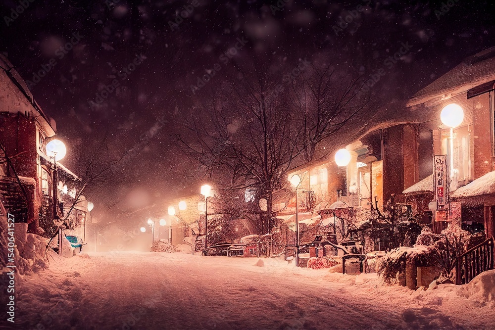 Winter snowy small cozy street with lights in houses, falling snow town ...