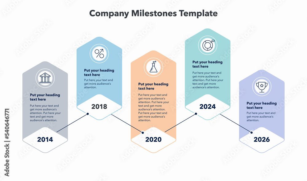 Company milestones with five colorful stages. Flat infographic design ...