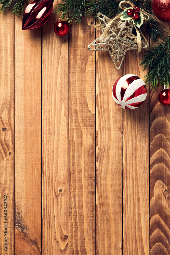 Fir branches with vintage Christmas ornaments corner border. Retro ...