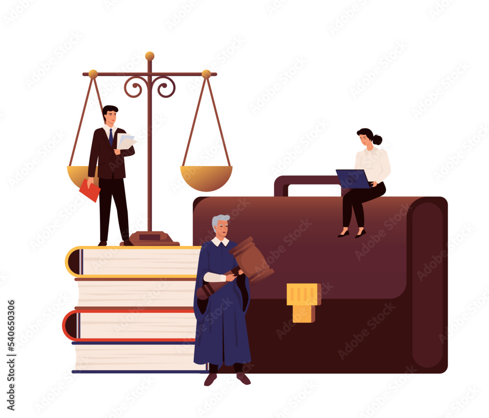 Legal system concept. Law concept. Trial in the court. Judge, lawyer ...