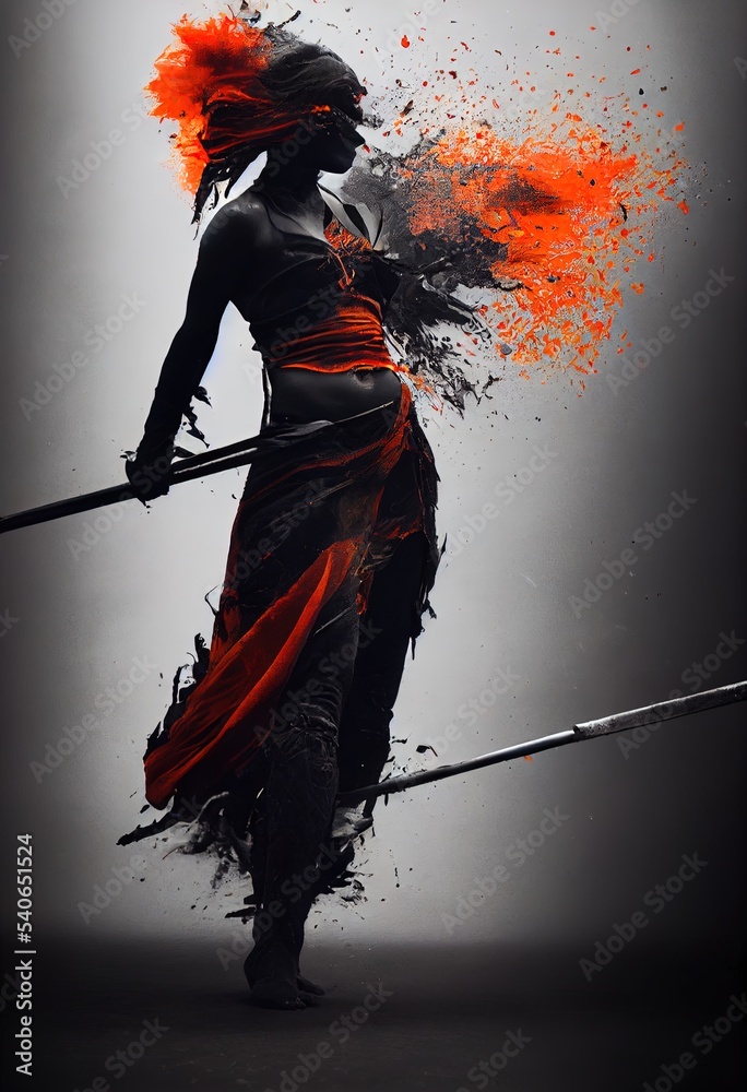 Warrior Woman Fighting A Battle Ninja High Contrast Powder Paint ...