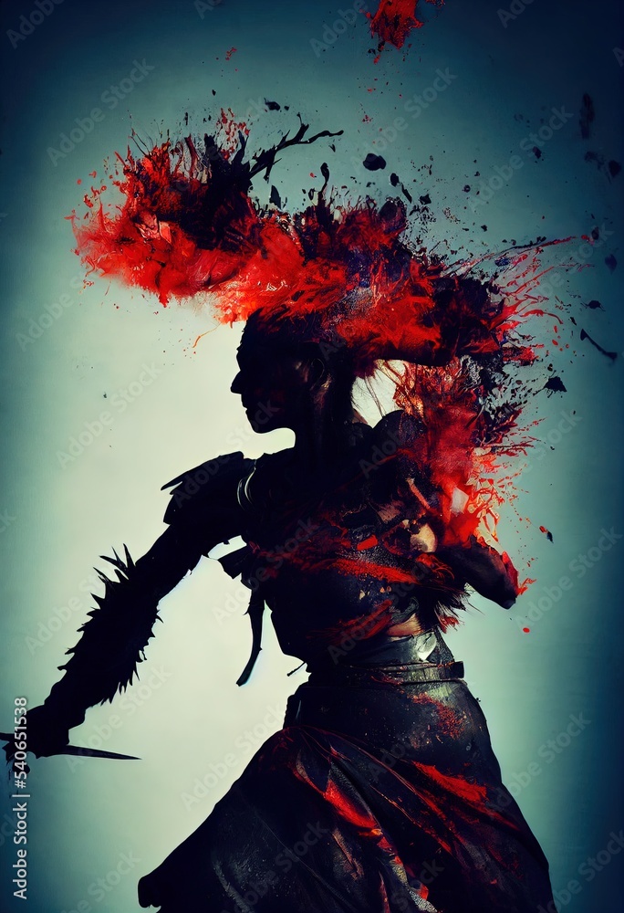 Warrior Woman Fighting A Battle Ninja High Contrast Powder Paint ...