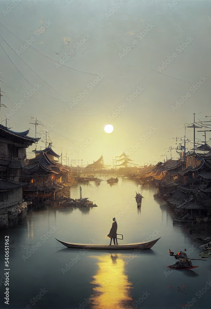 Ancient Japanese Village Landscape River and Boats - Digital Art, 3D ...