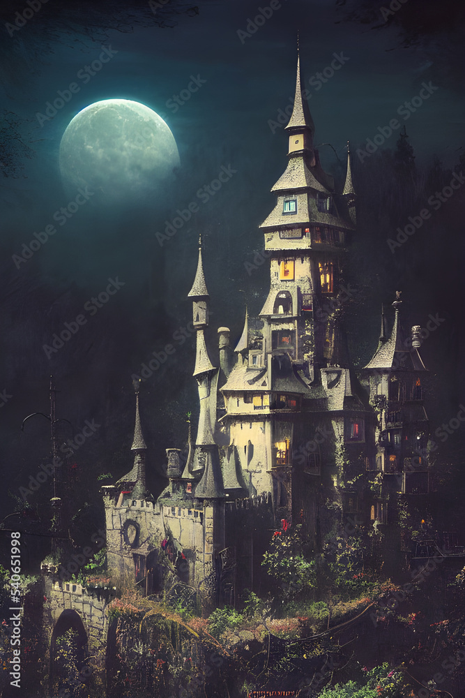 Fantasy castle on a full moon night. Stock Illustration | Adobe Stock