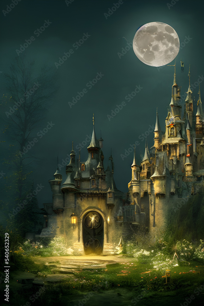 Fantasy castle on a full moon night. Stock Illustration | Adobe Stock
